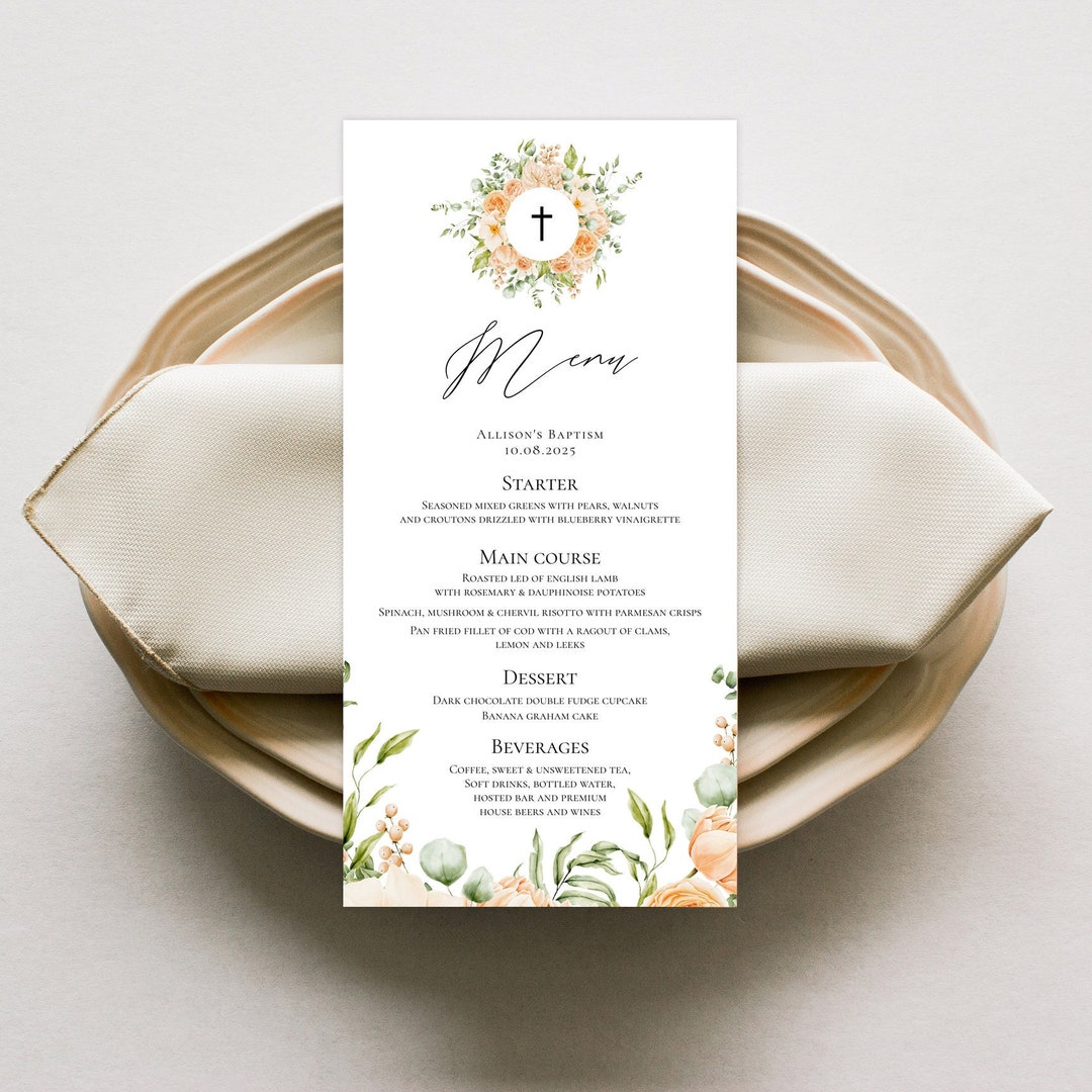 Baptism Menu Card Template Digital Menu Peach Floral Religious Menu ...