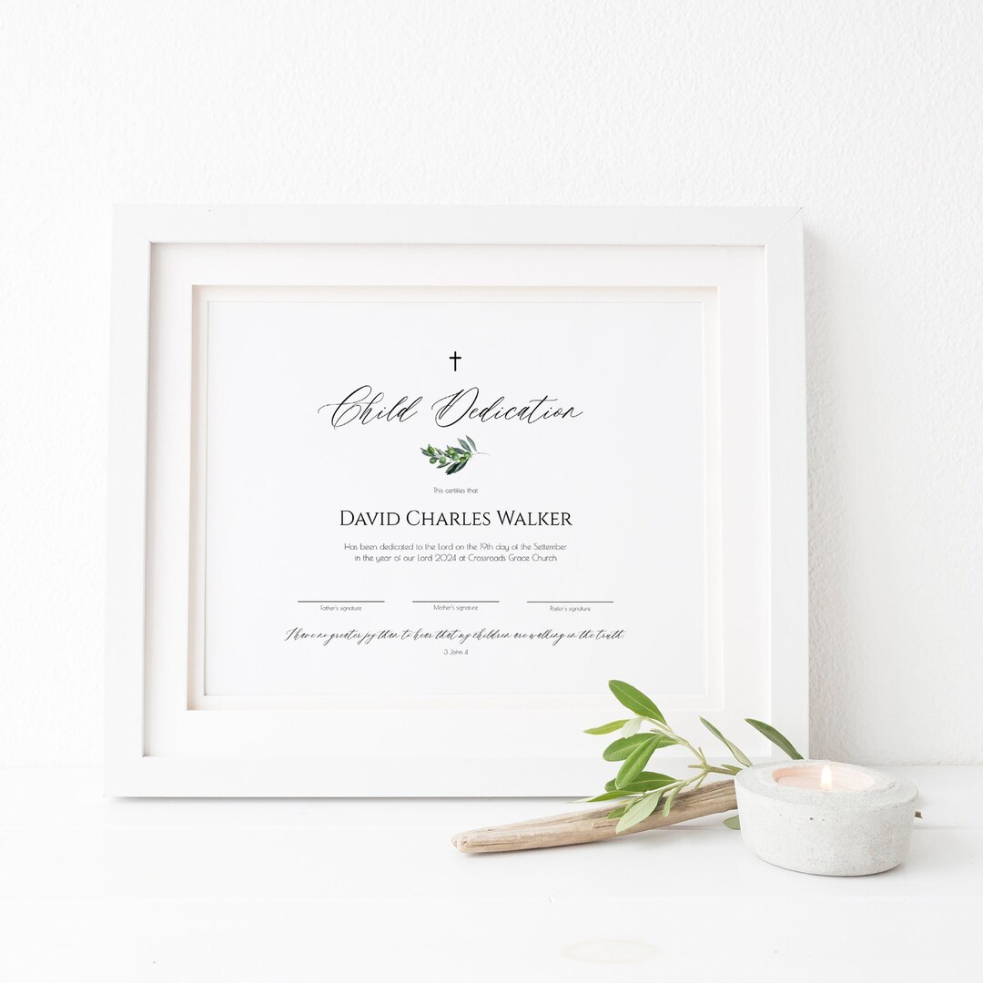 Olive Branch Child Dedication Certificate Template, 100% Editable, Baby ...