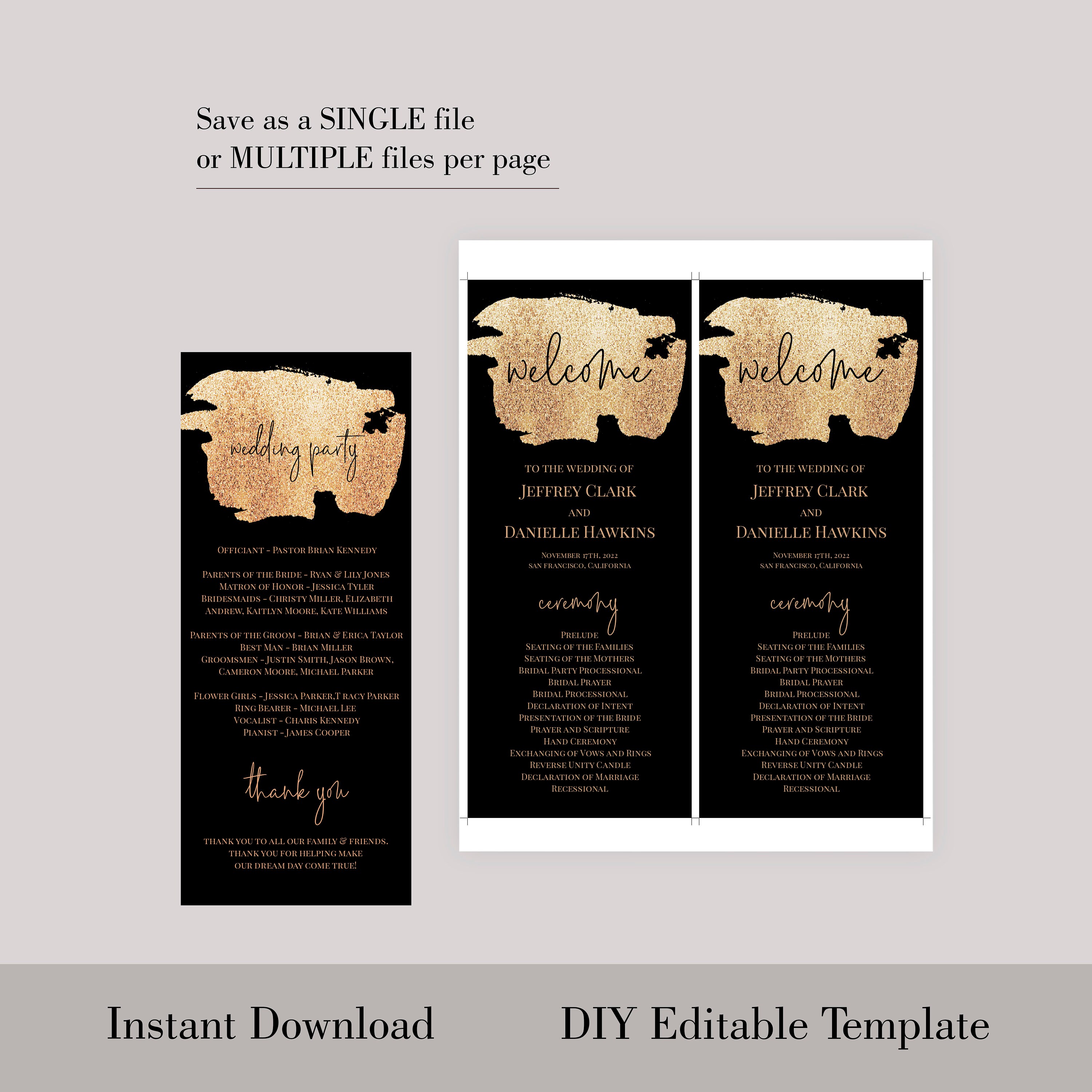 Black and Gold Wedding Program Template Modern Ceremony - Etsy