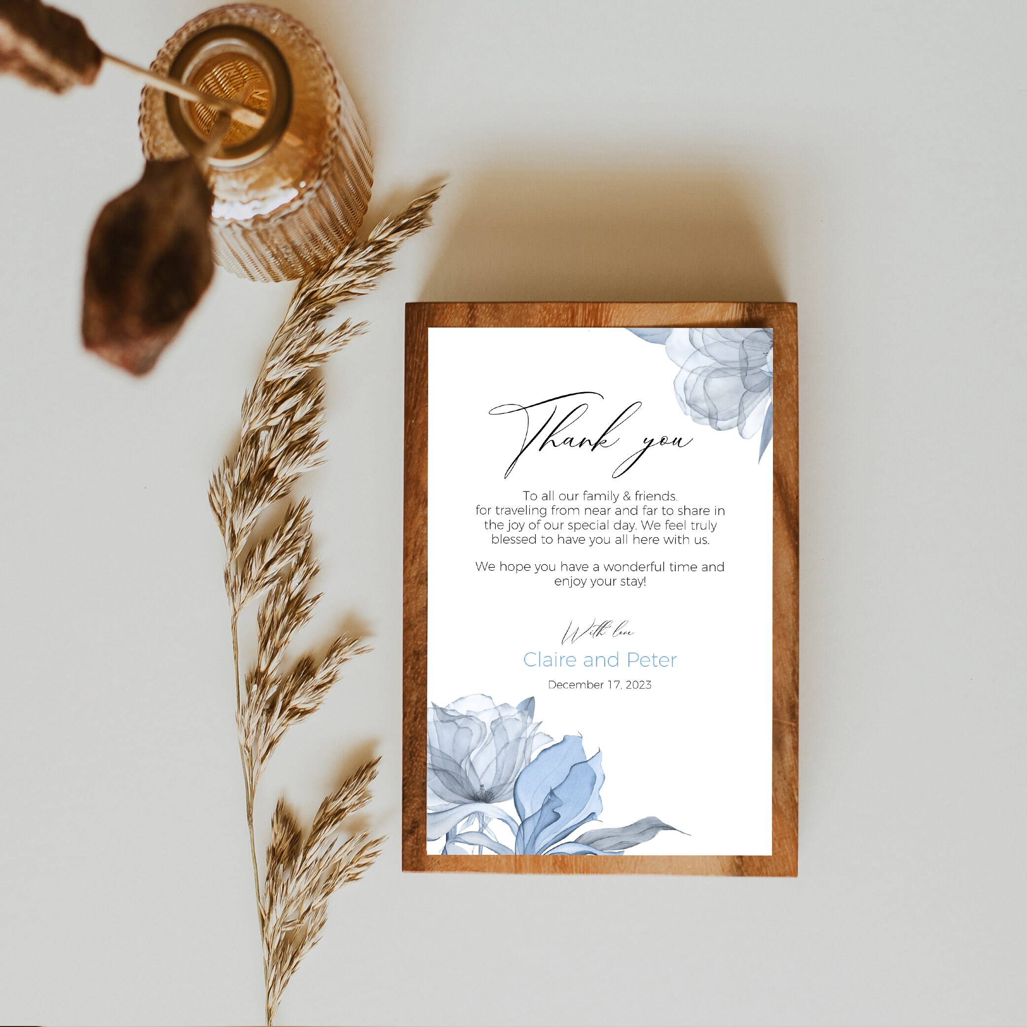 Dusty Blue Thank You Note Template 100% Editable Floral | Etsy