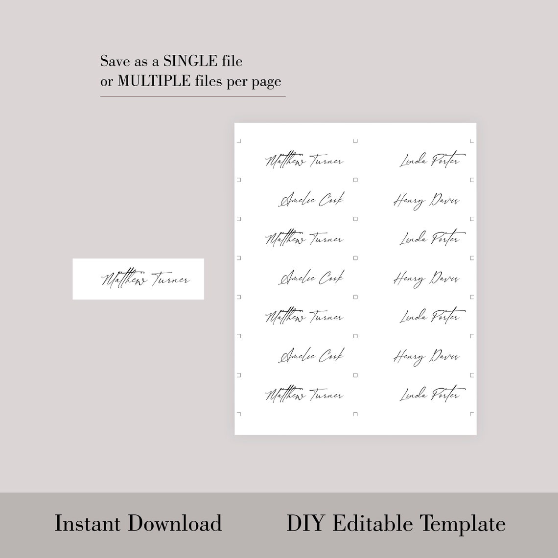 Modern Name Tag Template, Minimal Name Tag, Slim Wedding Place Card ...