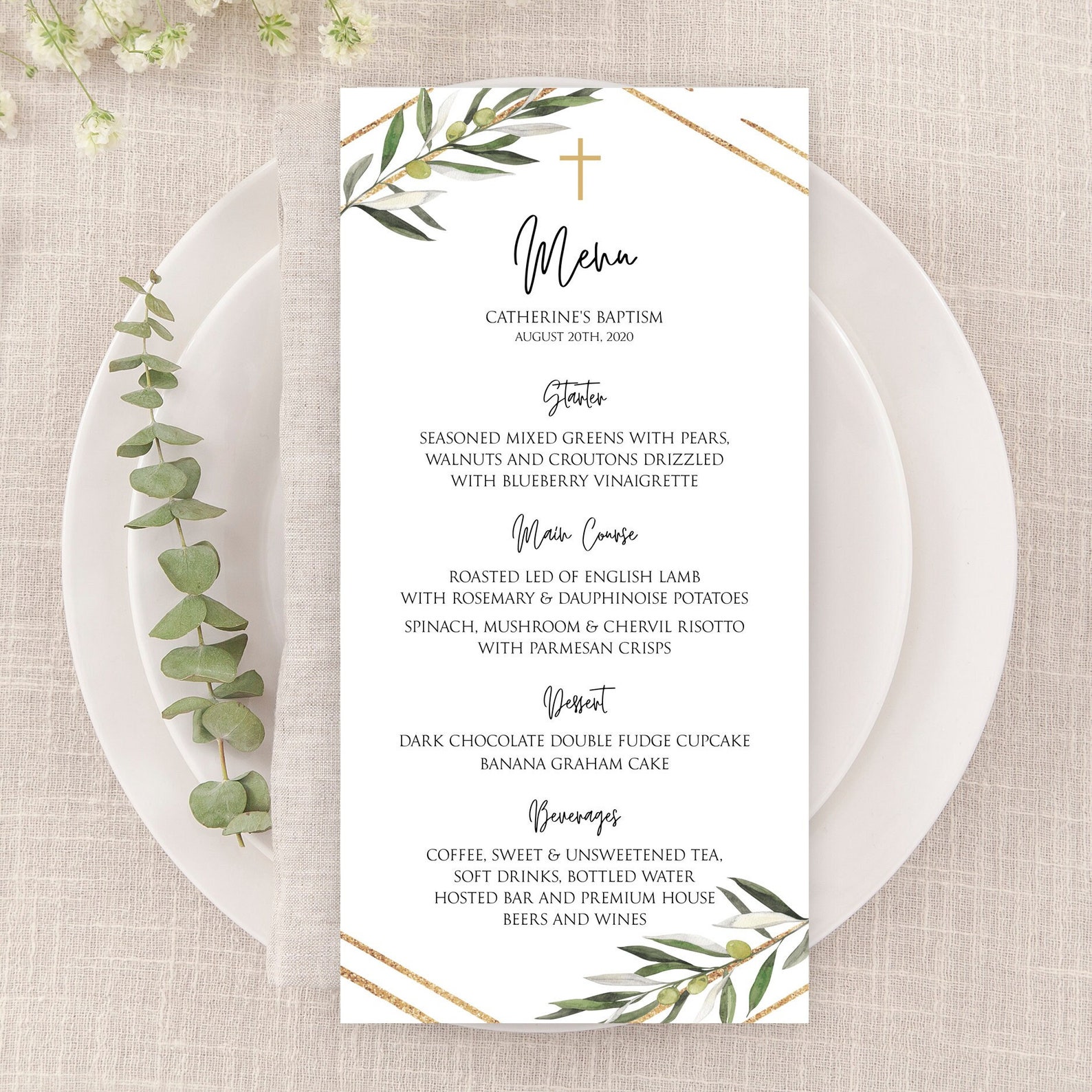 Gold Baptism Menu Template, Greenery Menu Card, Religious Menu Cards ...