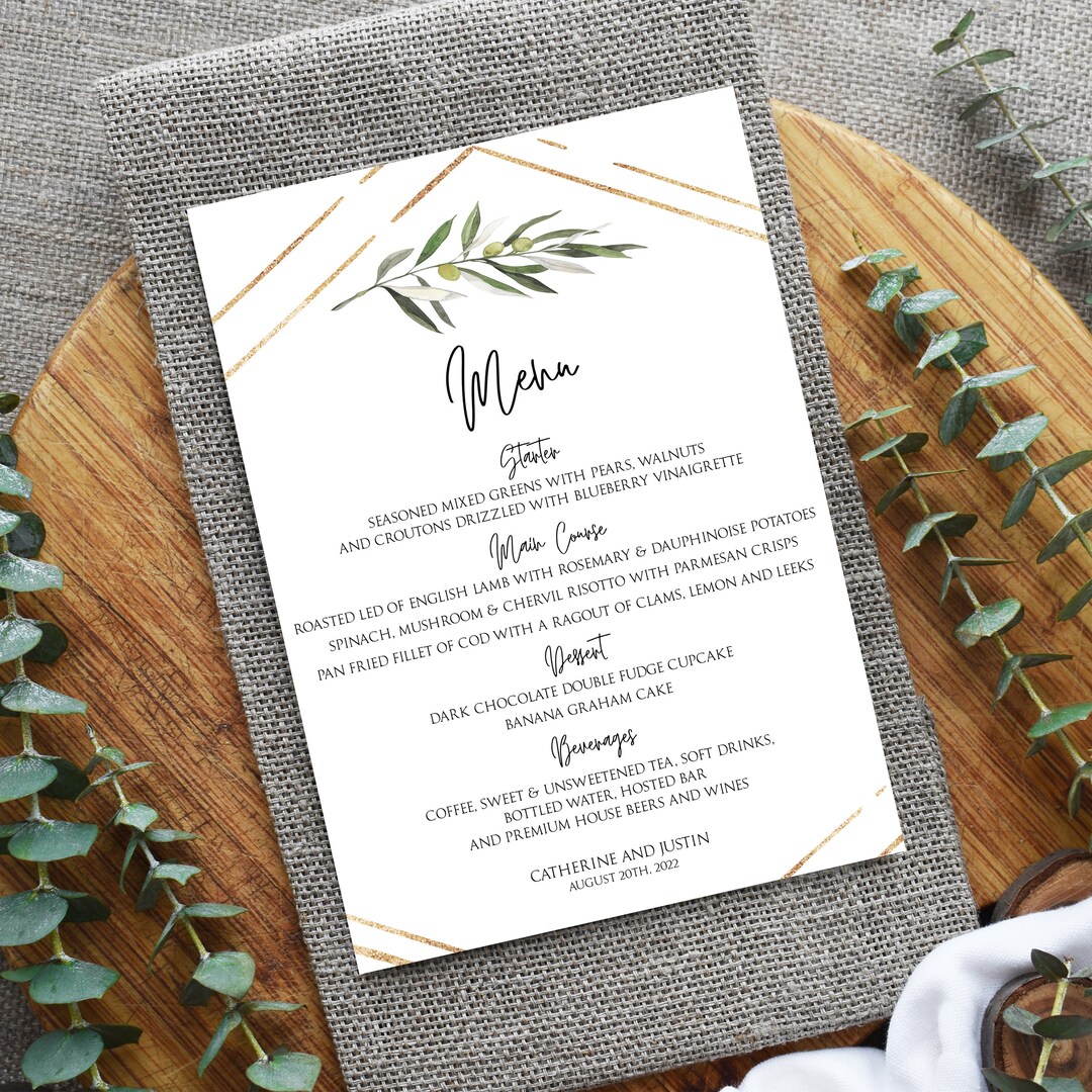 Gold Menu Template, 5x7 Menu Template, Greenery Menu, Gold Menu Cards ...