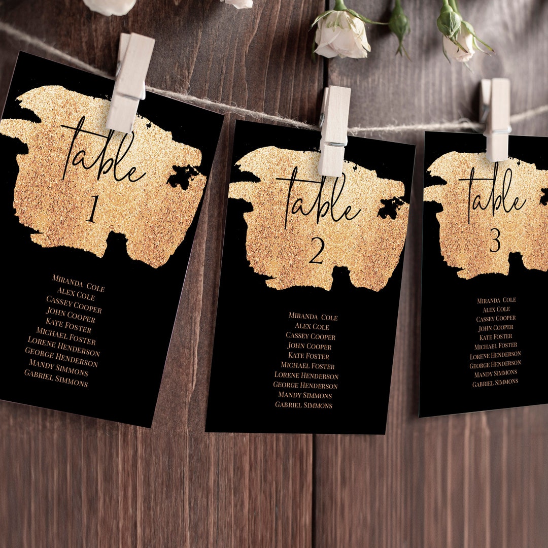 Black and Gold Wedding Seating Chart Cards Template, 100% Editable ...