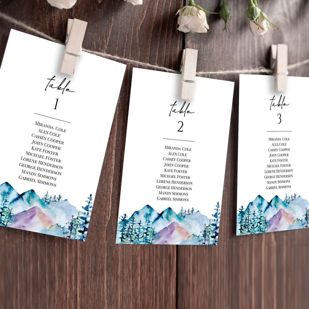 Mountain Wedding Seating Chart Cards, 100% Editable, Modern Forest ...