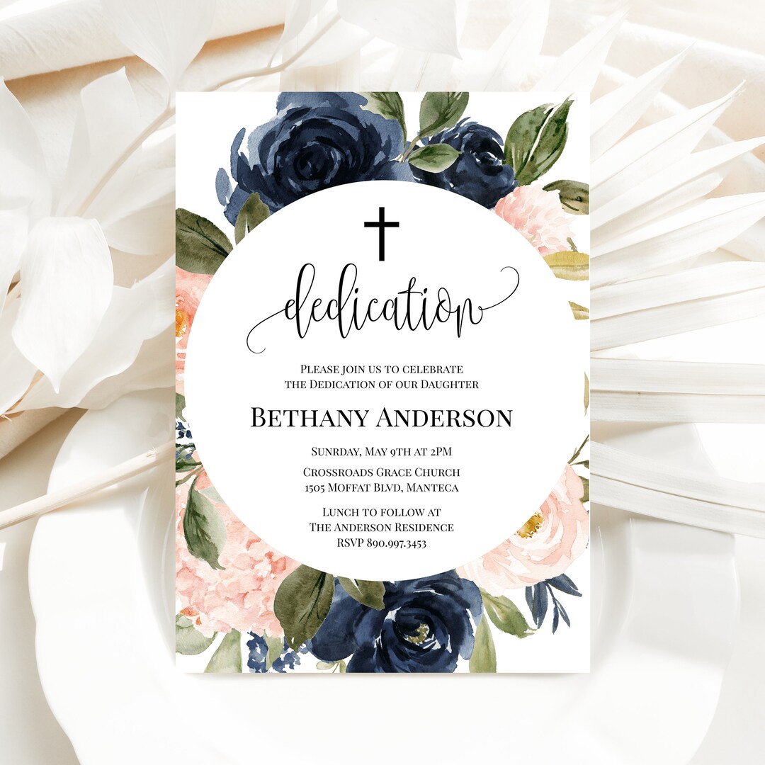 Navy Blush Dedication Invitation Template, 100% Editable, Religious ...