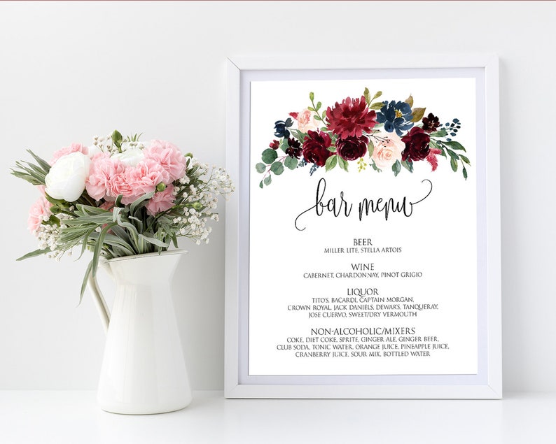 Editable 8x10 Burgundy Bar Menu, 8x10 Bar Menu Template, Marsala Bar ...
