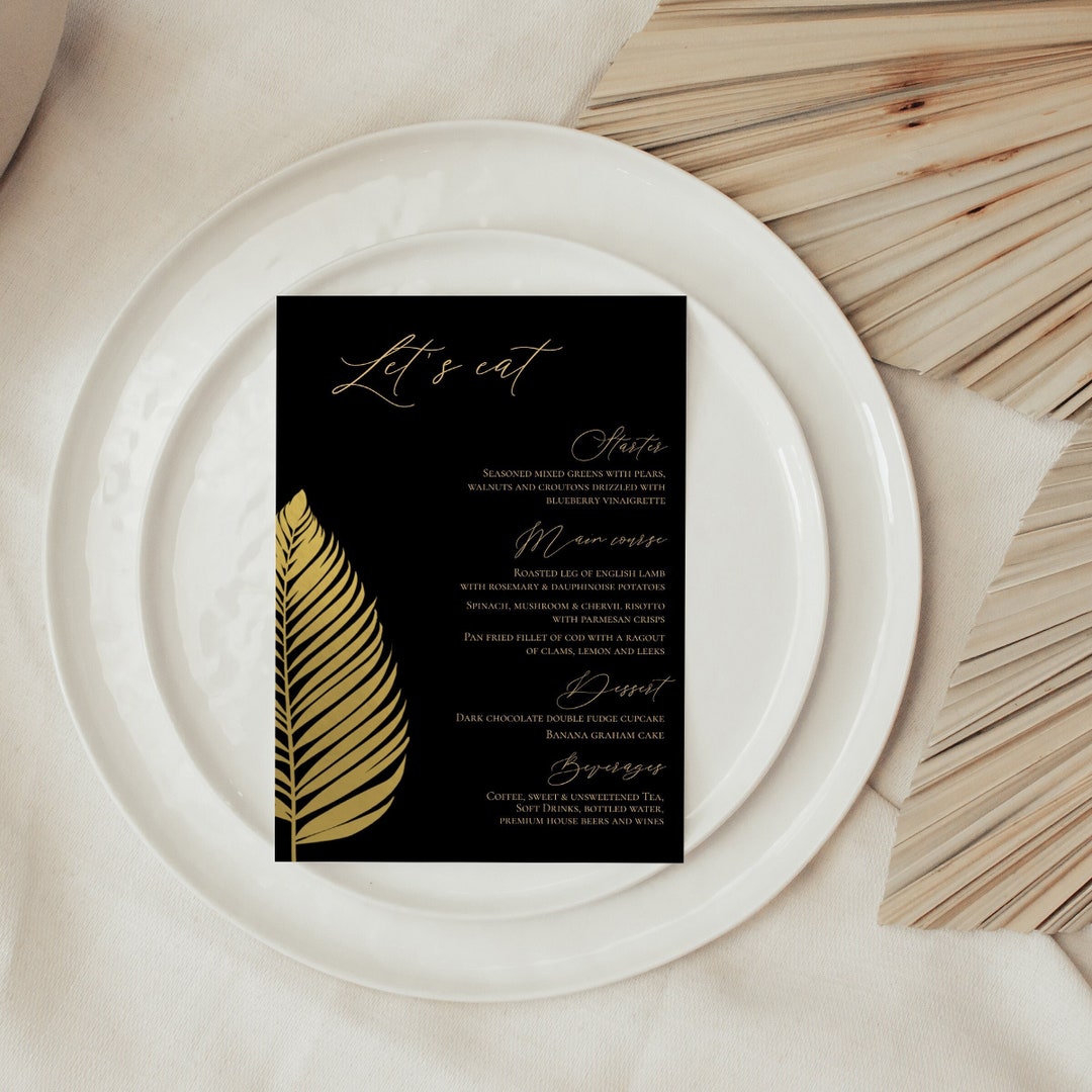 Black and Gold Menu Card Template Modern Wedding Menu Editable Gold ...