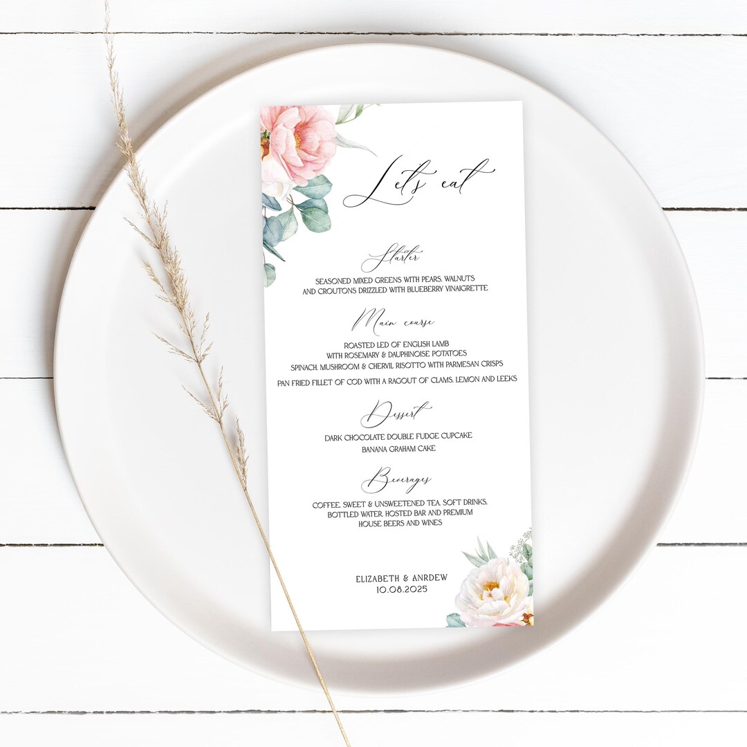 Peonies Menu Card Template, Floral Menu, Menu Cards, 100% Editable ...