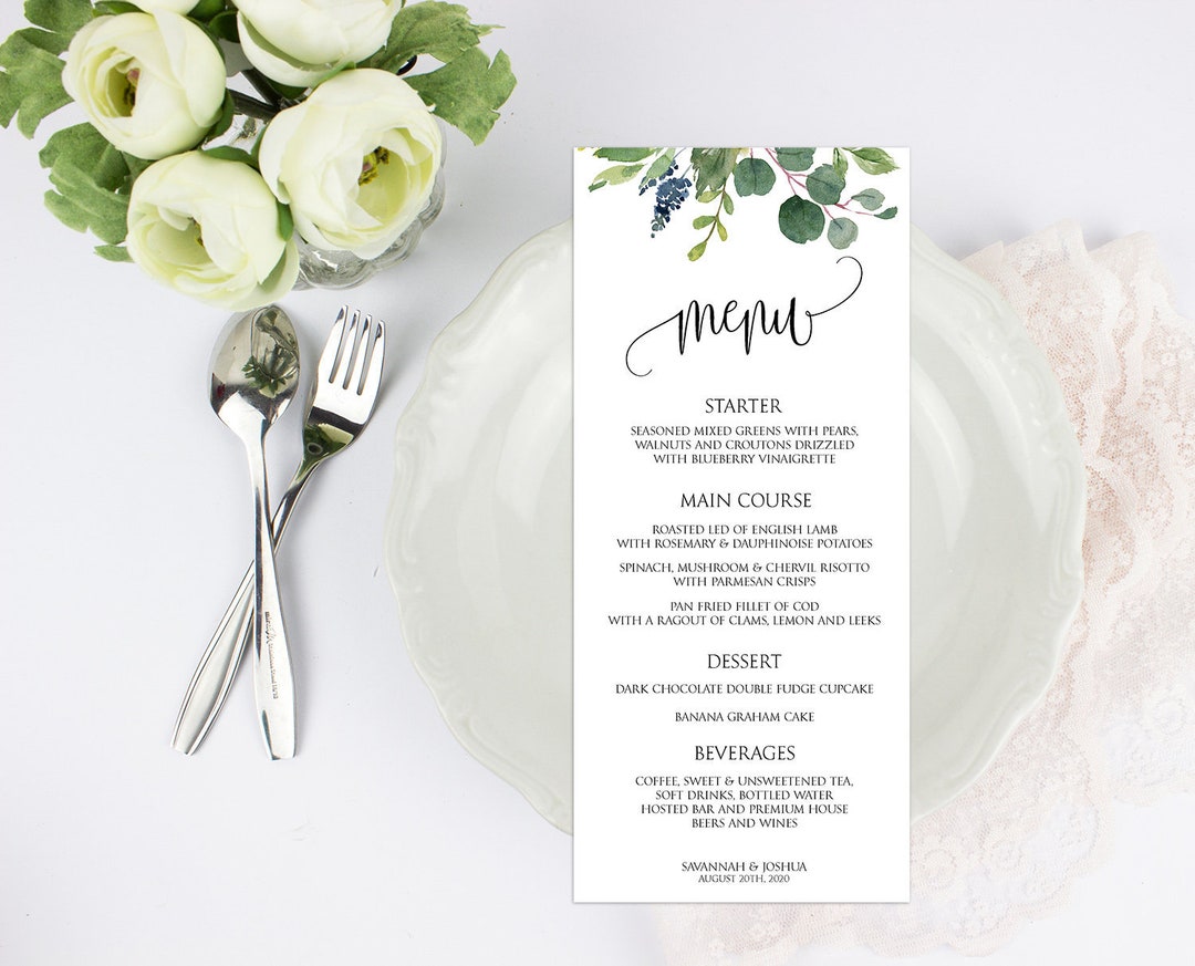 Greenery Menu Template, Menu Template, Greenery Wedding Menu, Greenery ...