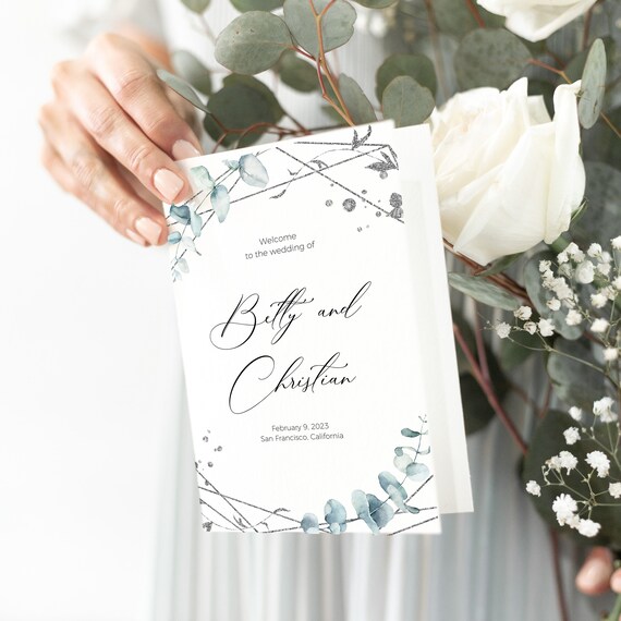 Silver Wedding Program Template Eucalyptus Folded Booklet - Etsy