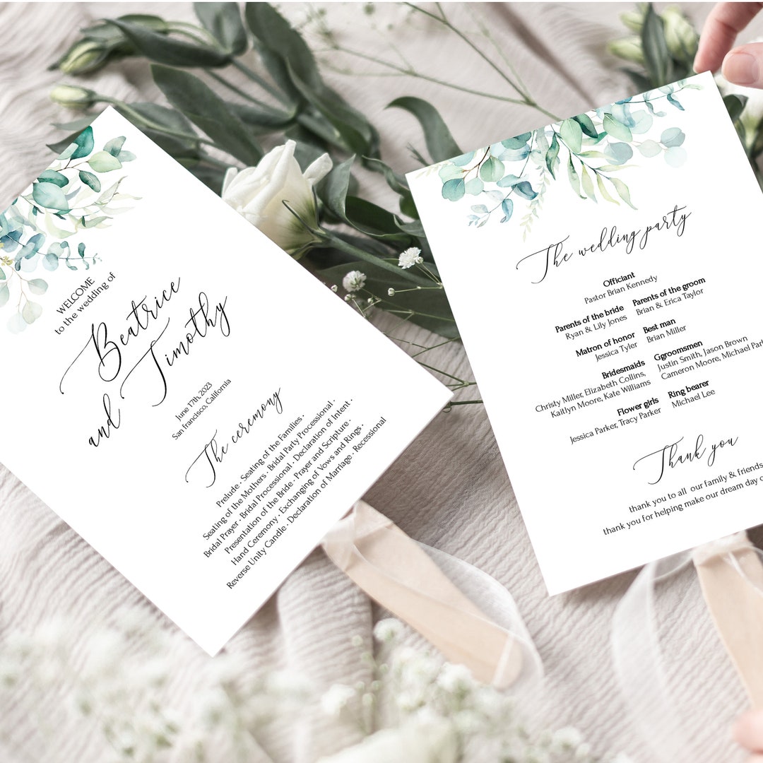 Eucalyptus Greenery Fan Program Template, Wedding Fan Program, 100% ...