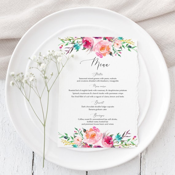 Teal Pink Menu Card Template Floral Menu Card Spring Menu | Etsy