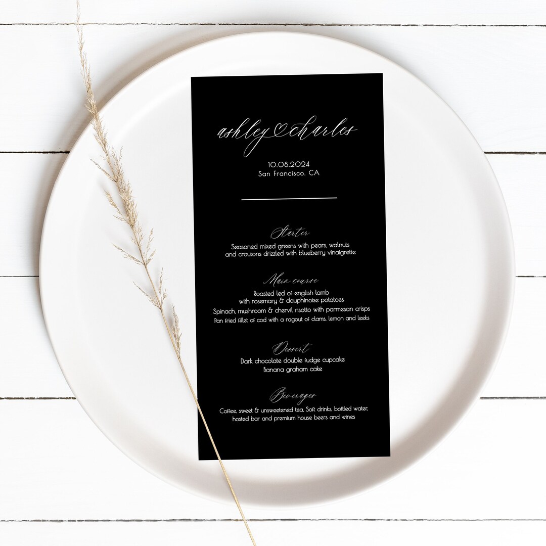 Black Menu Card Template, Minimal Wedding Menu, 100% Editable ...