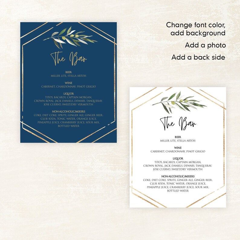 Gold Bar Menu Template, Open Bar Menu, 8x10 Bar Menu, Greenery Bar Menu ...
