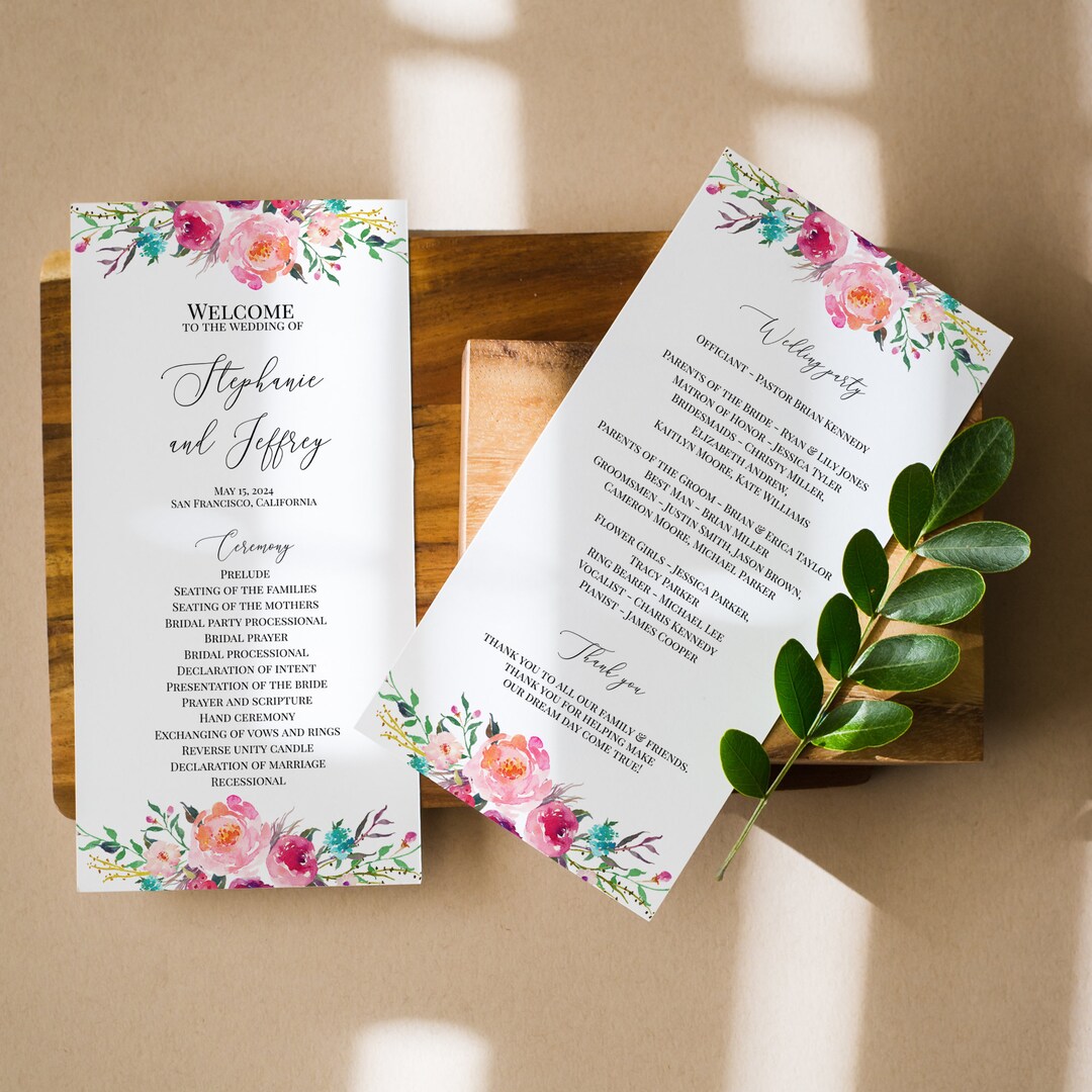 Teal Pink Wedding Program Template, Floral Wedding Programs, Printable, DIY Ceremony Template ...