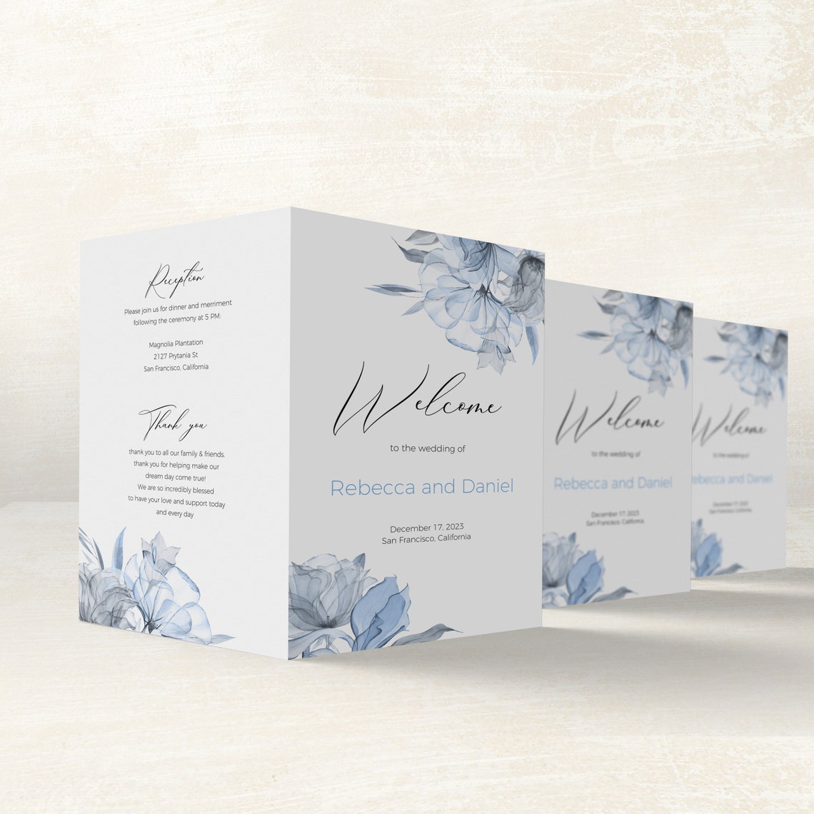 Dusty Blue Wedding Program Template, Folded Booklet, Floral Ceremony ...