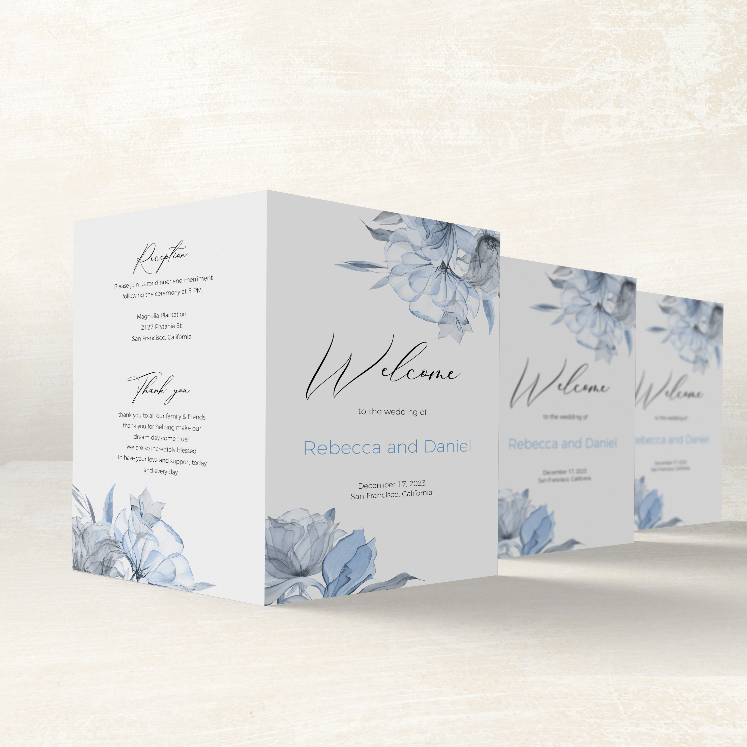 Dusty Blue Wedding Program Template, Folded Booklet, Floral Ceremony ...