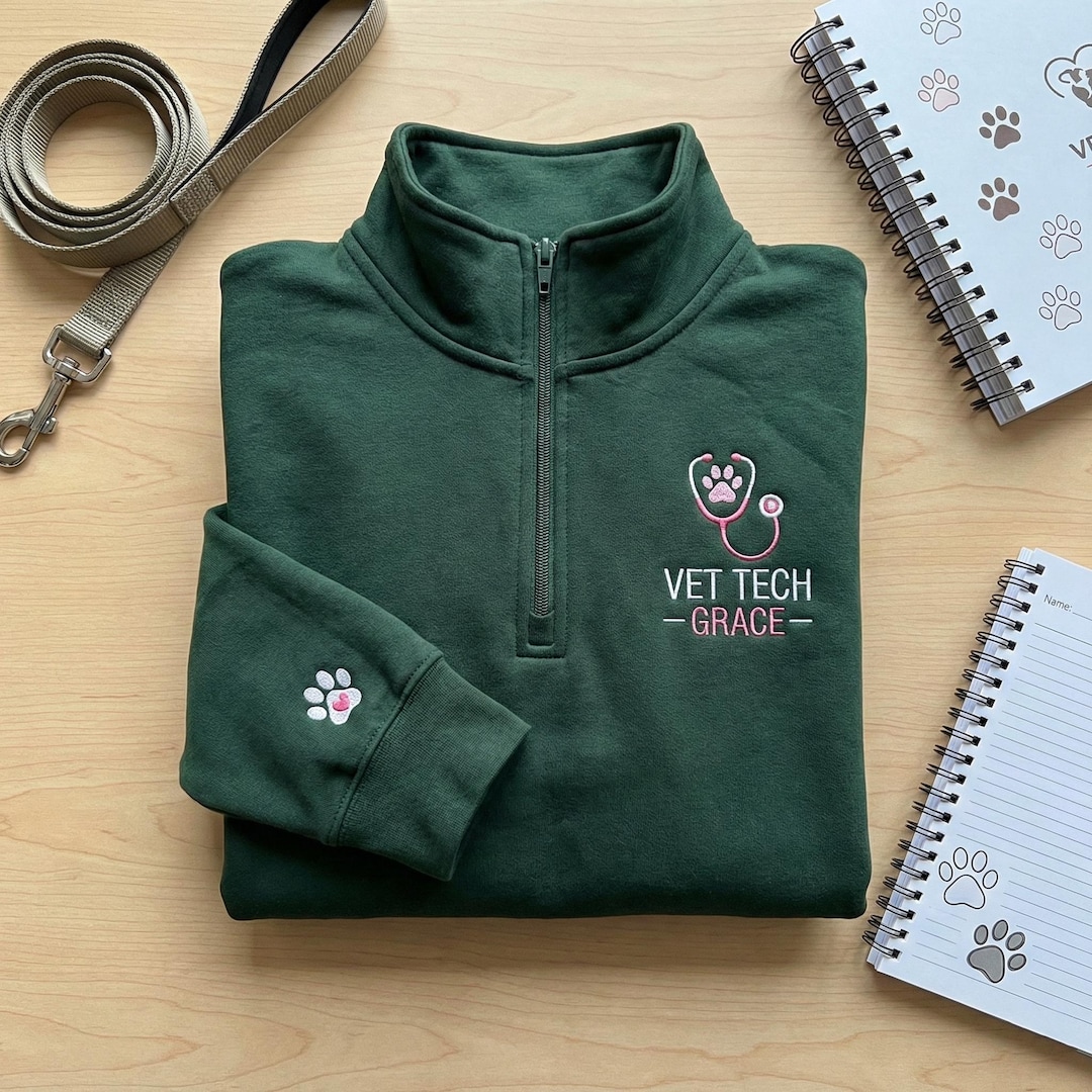 Custom Vet Tech Paw Print Stethoscope Quarter Zip, Embroidered ...