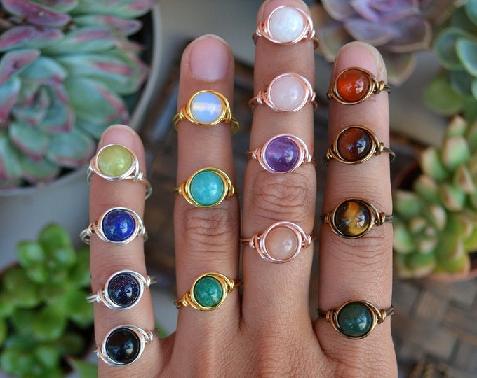 Large Gemstone Bead Ring. Wire Wrapped Bead Ring. Healing Crystal Ring. Your Choice Gemstone ...