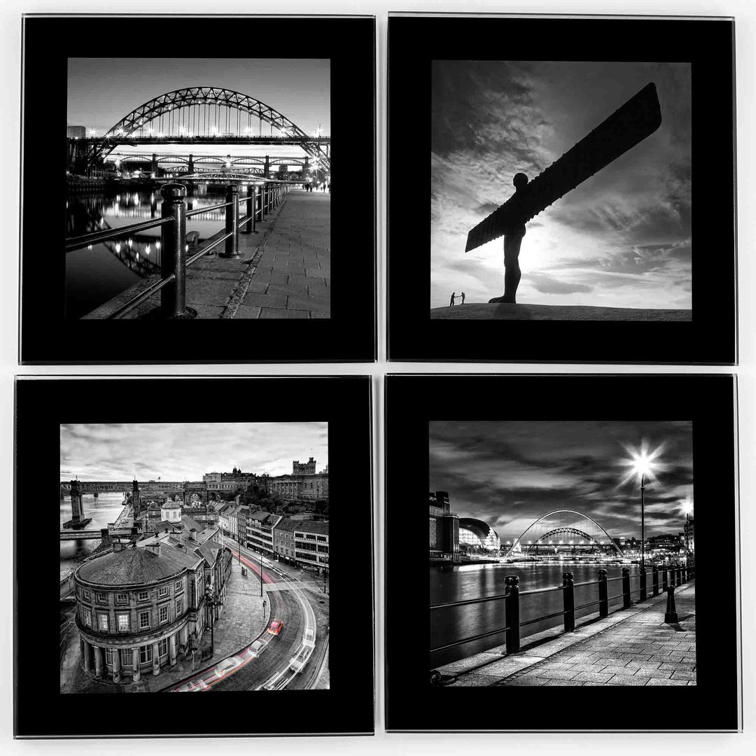 Set of 4 Black and White Newcastle Glass Coasters Tyne Bridge, Angel of ...