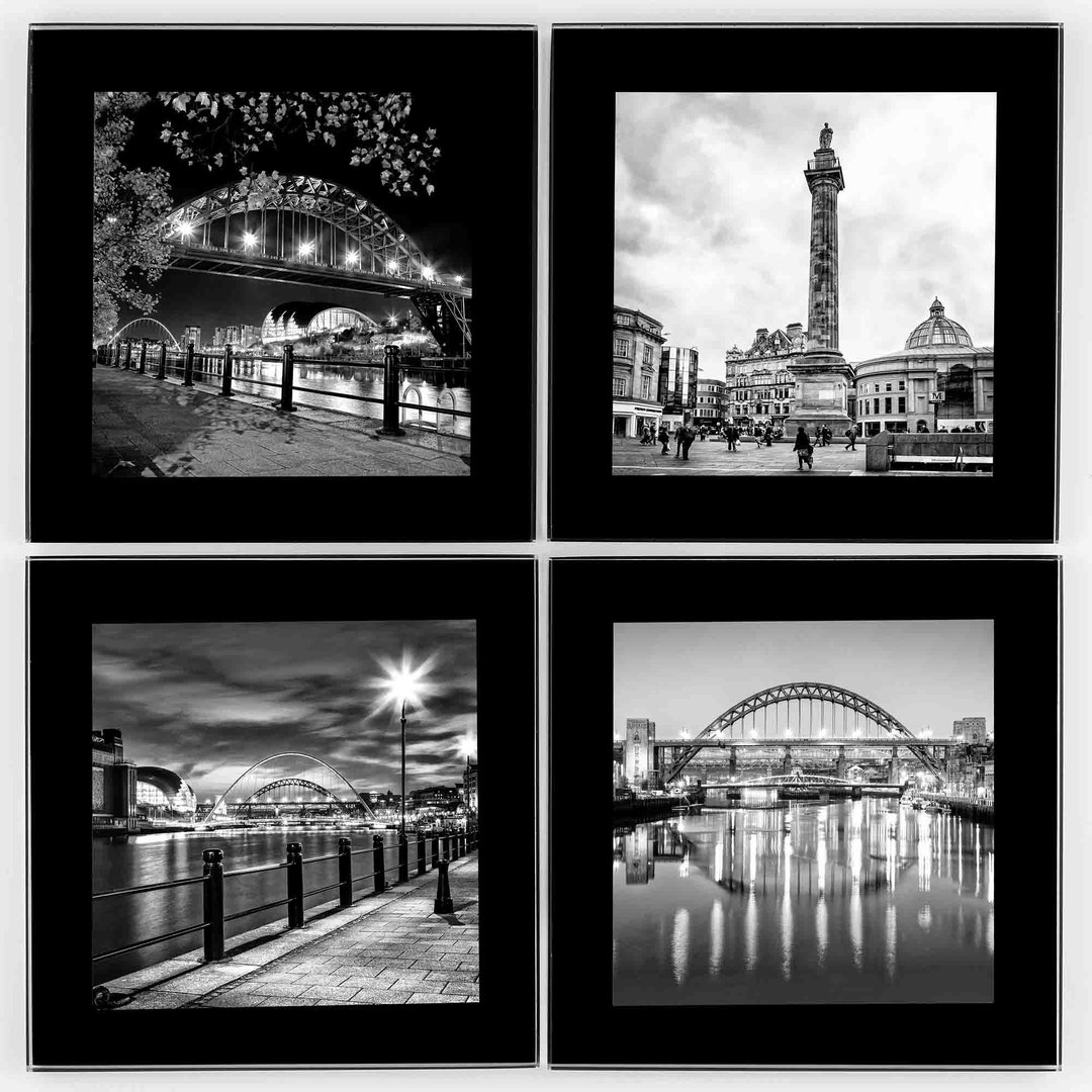 Set of 4 Black and White Newcastle Glass Coasters Autumn Leaves, Tyne ...