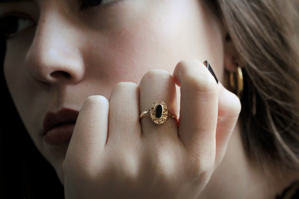 14K Gold Filled Filigran Ring Oval Onyx Gold Ringvintage - Etsy
