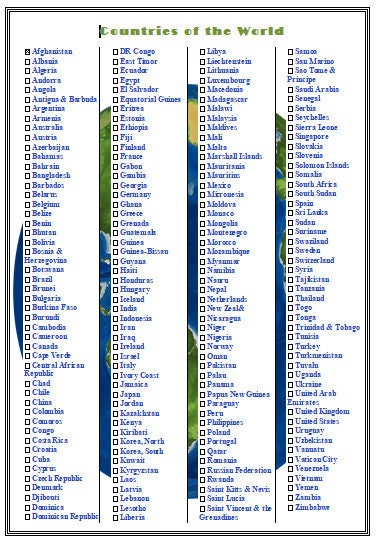 Countries of the World Printable Checklist - Travel Checklist ...