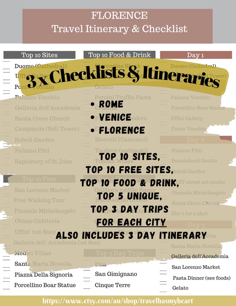 ITALY 3 Cities COMBINED Travel Itinerary & Checklist ~ Printable Travel ...