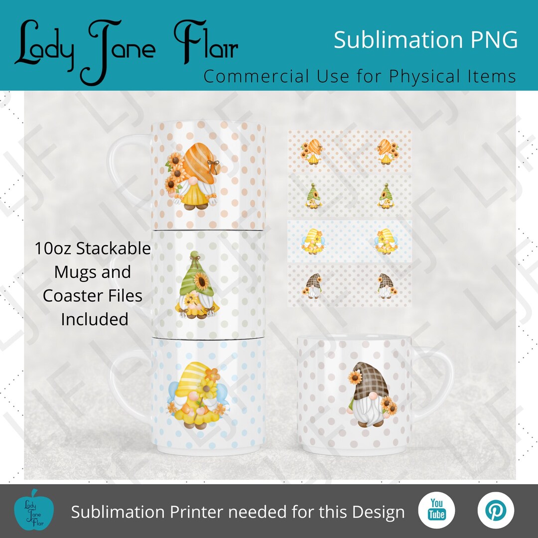 10 Oz Stackable Mug Design for Sublimation - Sunflower Gnomes Mug and ...