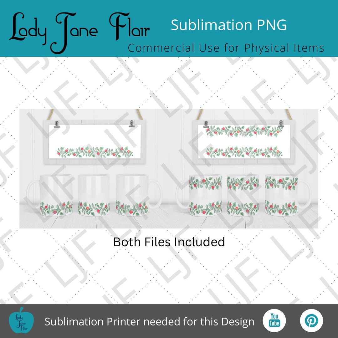 Watercolor Rosebud Branch Border Mug Designs for Sublimation - Mug ...