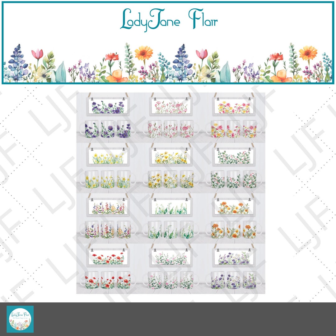 Watercolor Flower Border Sublimation Mug Wrap Bundle, 12 Floral Edged ...