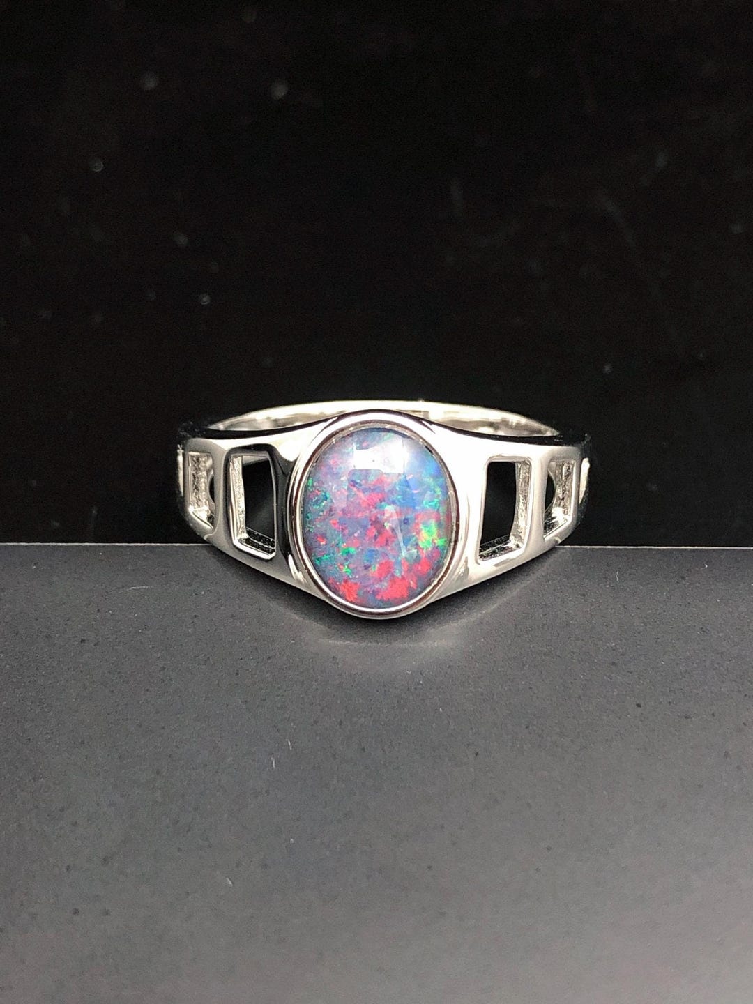 Genuine Australian Blue Opal Sterling Silver Ring, Large Men’s Ring ...