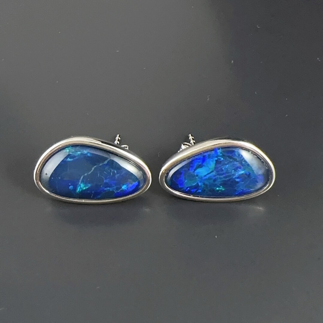 Genuine Australian Black Opal Silver Earrings, October Birthstone, Real ...