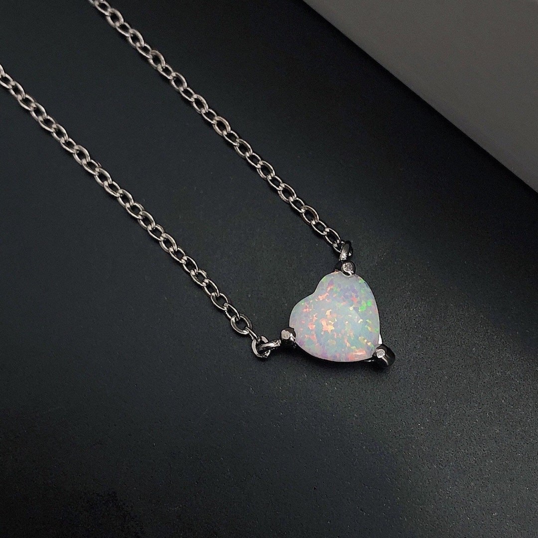 White Opal Sterling Silver Heart Necklace, Love Heart Pendant, Opal ...