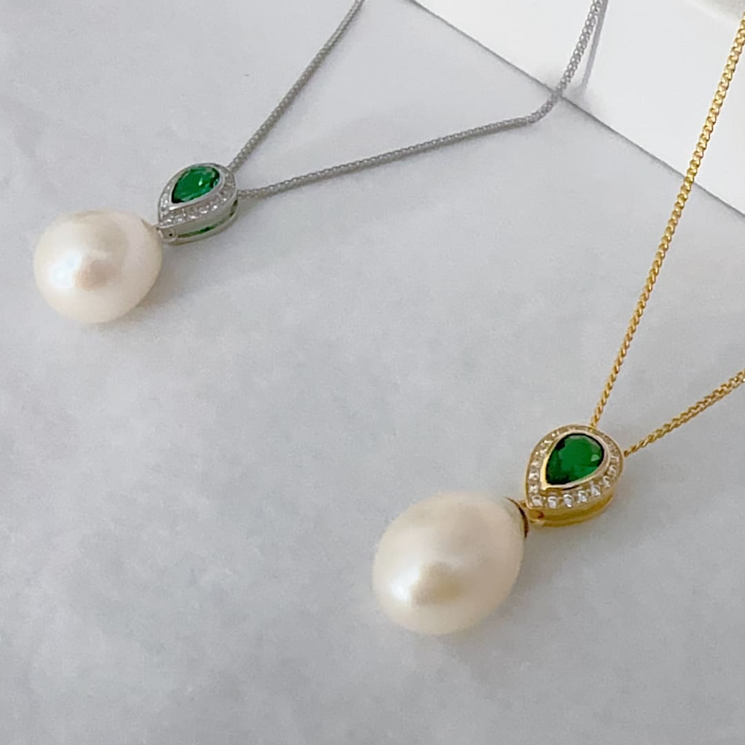 Emerald Necklace With Cultured Freshwater Pearl, Natural Pearl Necklace ...