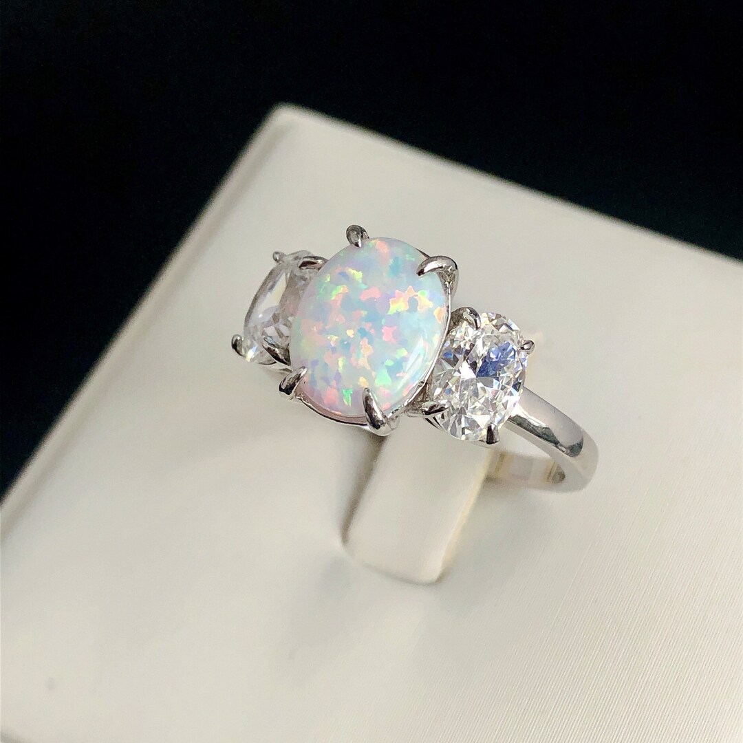 White Opal Sterling Silver Ring, Fire Opal Ring With Diamond Simulants, Engagement Ring, October ...