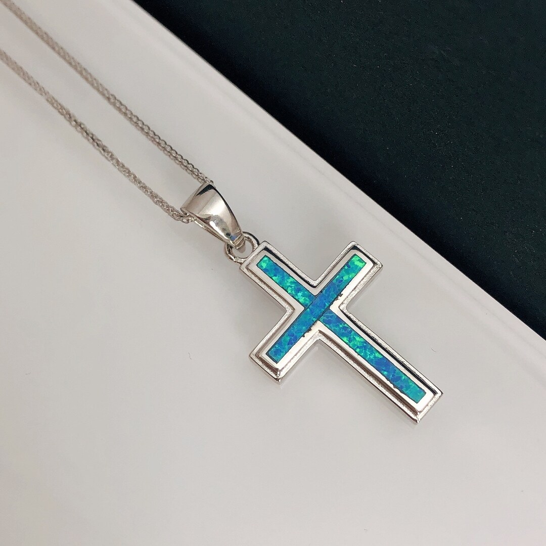 Sterling Silver Blue Opal Cross Necklace, October Birthstone Pendant ...