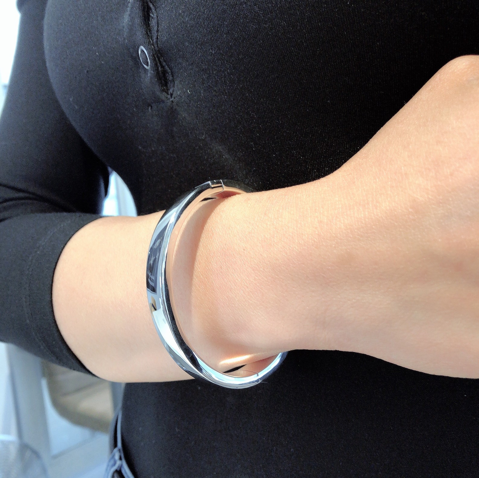 Sterling Silver Hinged Bangle Bracelet, Polished Open Bangle, Chunky ...