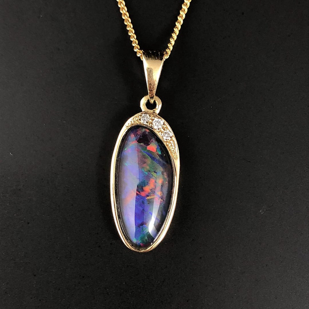 Solid 14K Yellow Gold Australian Black Opal Necklace With Diamond ...