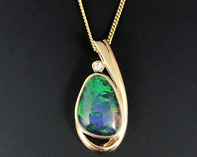Solid 14K Yellow Gold Australian Black Opal Necklace With Diamond ...