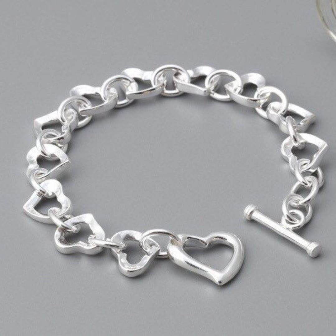 LOVE HEART Bracelet, Solid Sterling Silver Heart Jewellery, Chunky ...