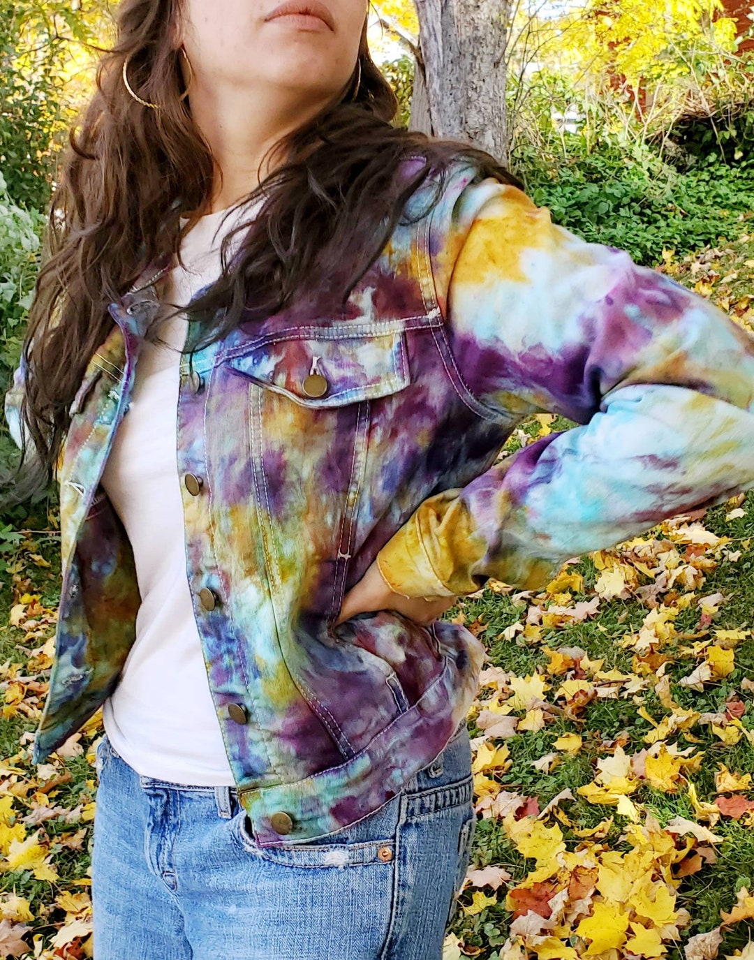 Vintage Cropped Denim Jacket Tie Dye Jean Jacket Colorful - Etsy