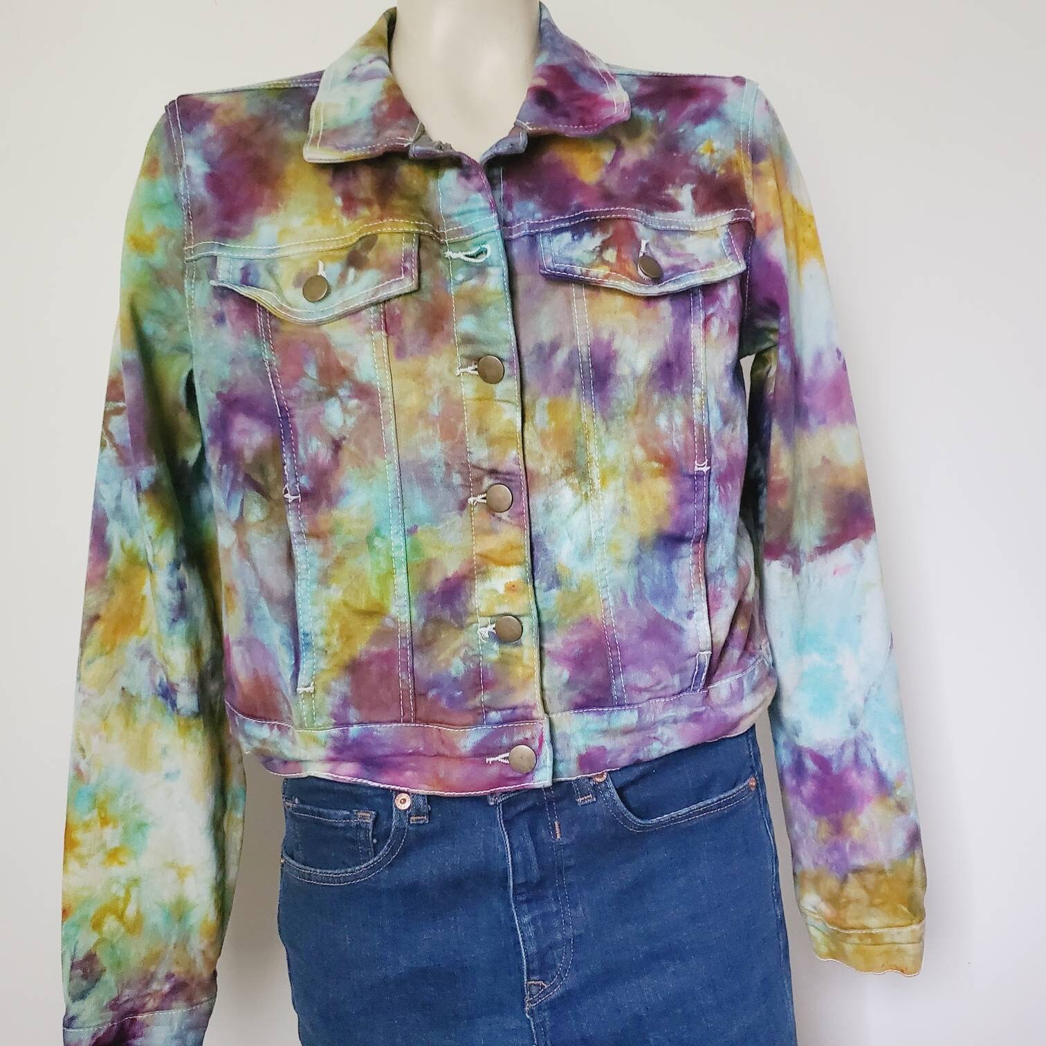Vintage Cropped Denim Jacket Tie Dye Jean Jacket Colorful - Etsy
