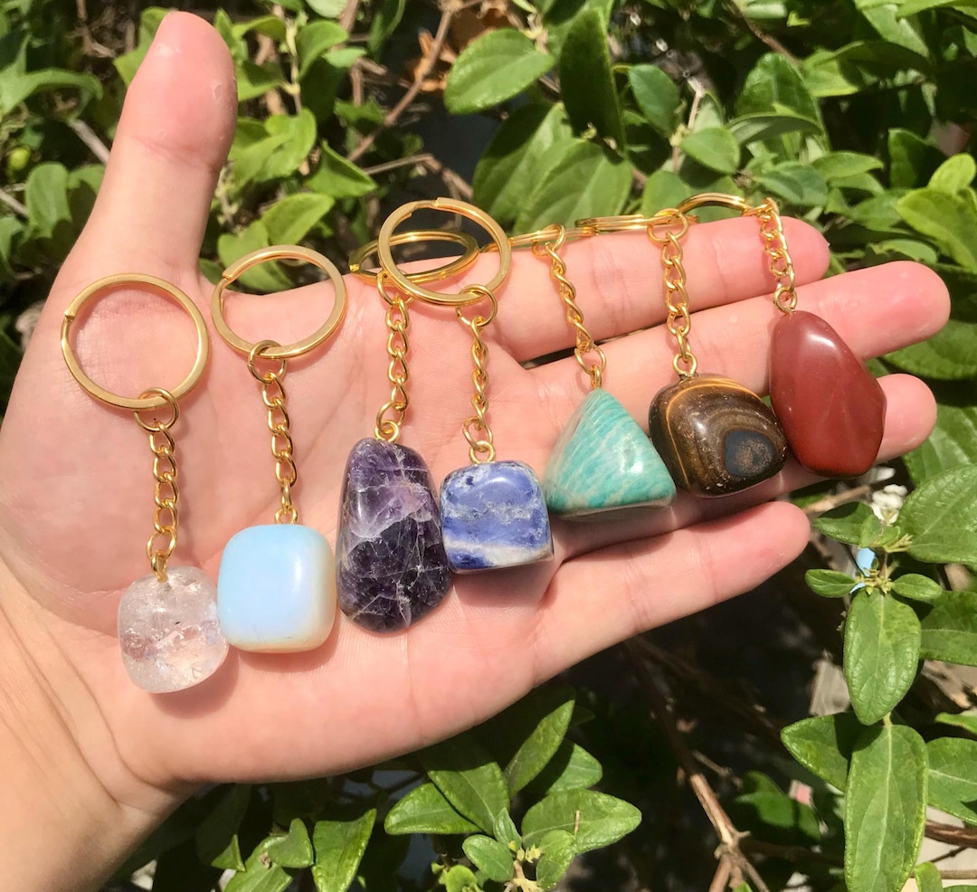 Small Tumbled Crystal Keychain, Boho Gemstone Keychain Charm, Tumble ...