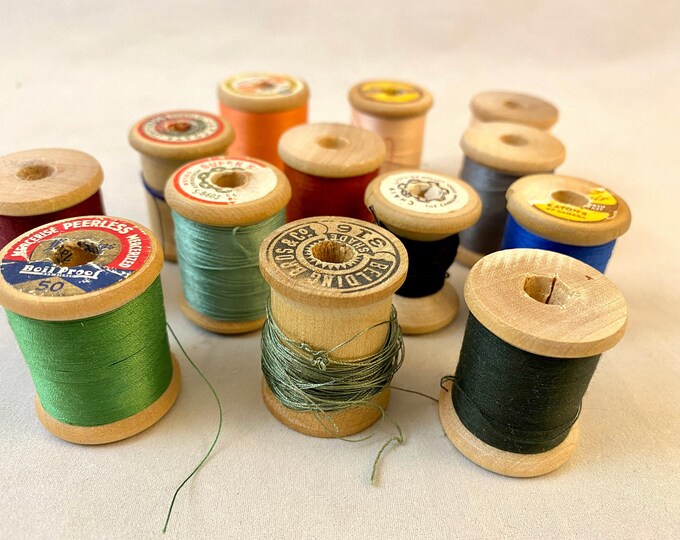 Vintage Wooden Spools, Lot of 13, Thread, Paper Labels, Sewing ...