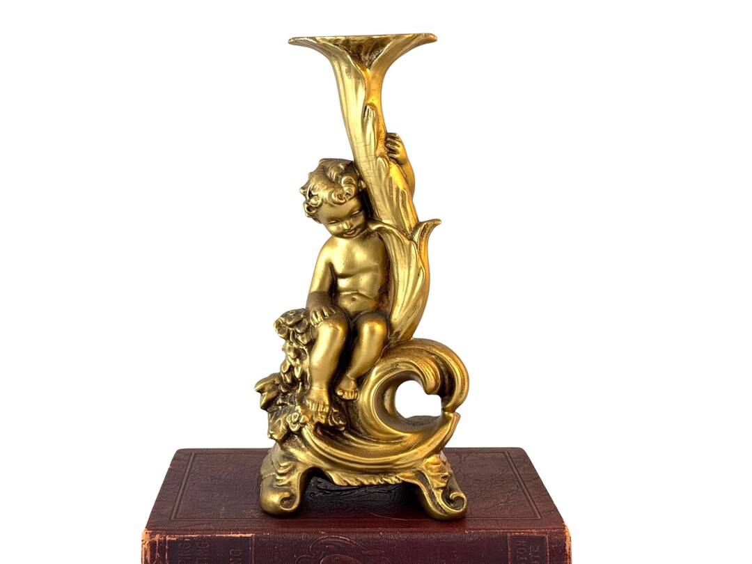 Vintage Cherub Candlestick, Italian Gold Tone Composite Plaster Taper ...