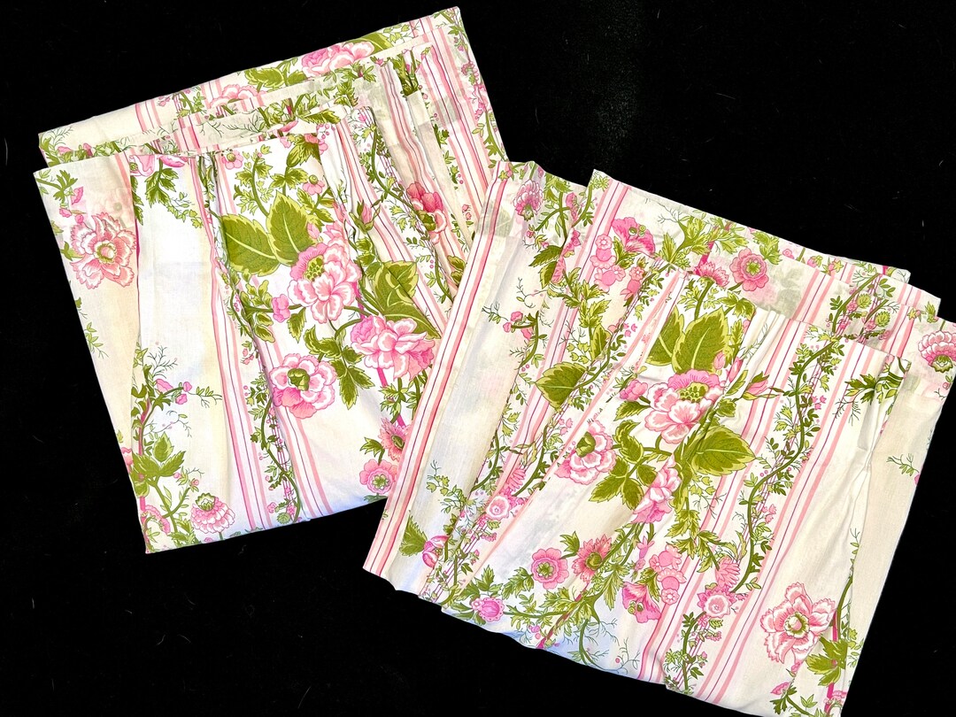 Vintage Curtains, Pleated Floral Draperies, Large Pretty Pink Green ...