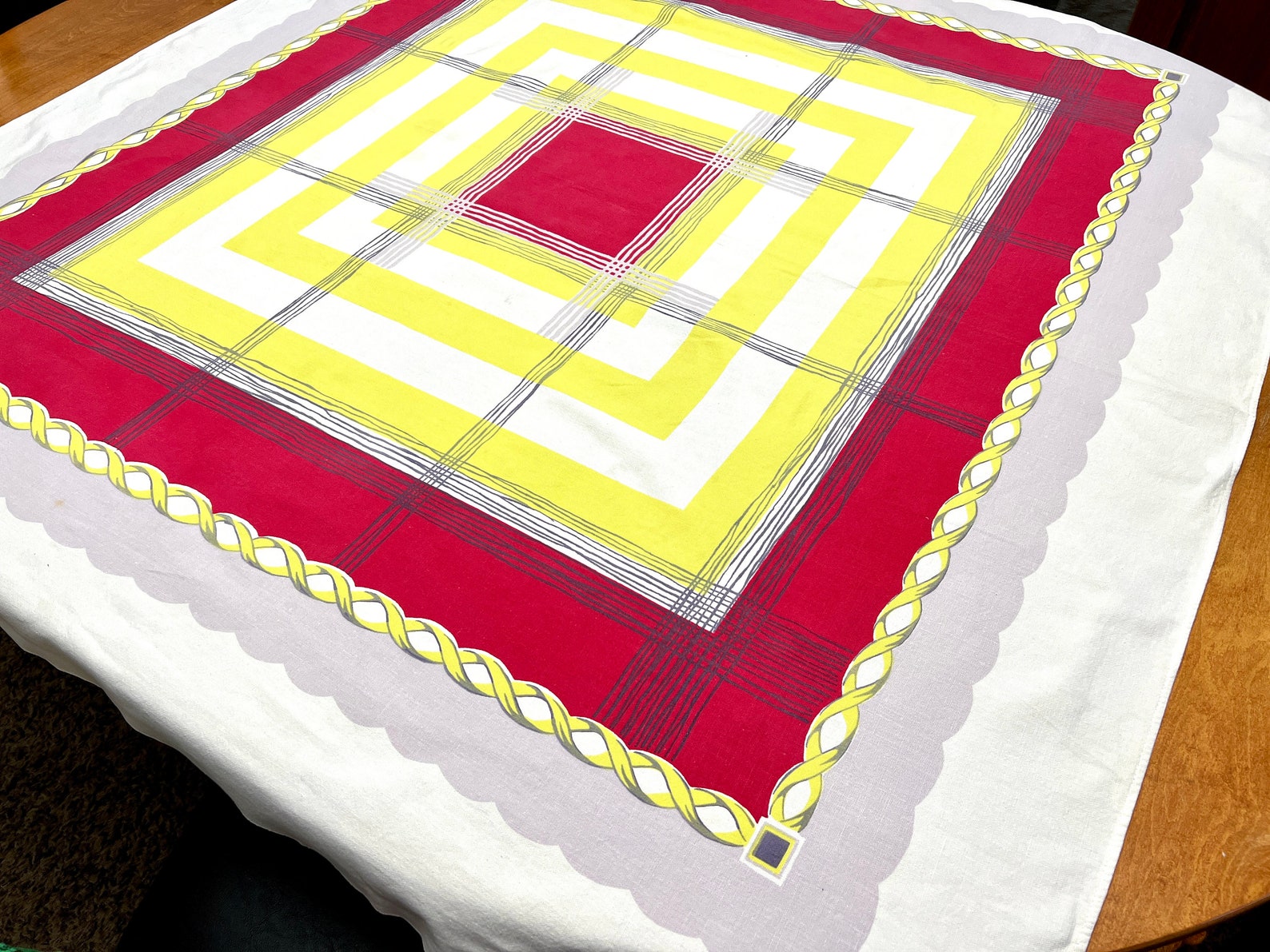 Vintage Tablecloth, Geometric Square Design, Vibrant Colors, Chartreuse ...