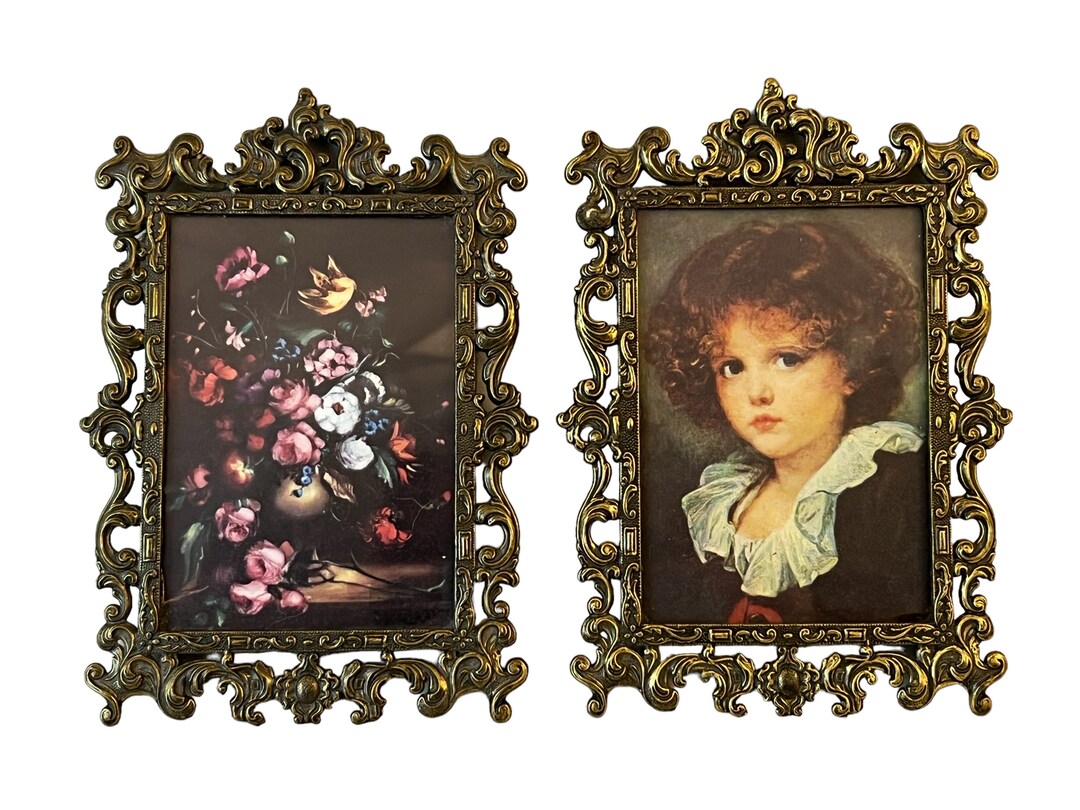 Vintage Italian Brass Picture Frames, Flowers and Greuze Portrait, Pair ...